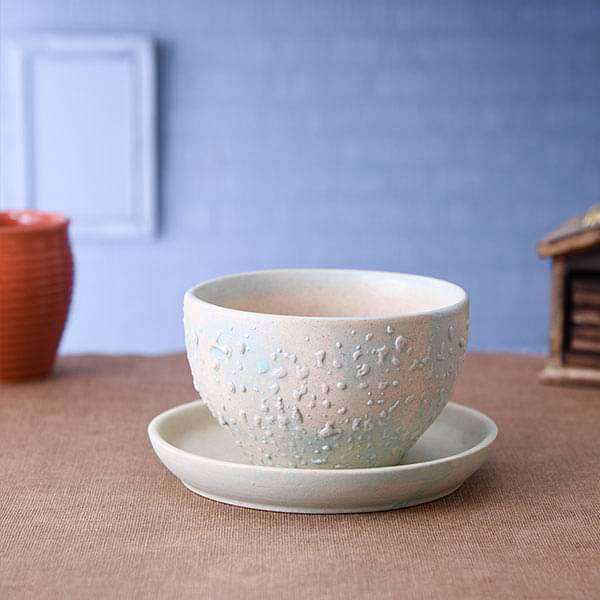 Buy 4.4 inch (11 cm) CP014 Embossed Bowl Round Ceramic Pot with Plate ...