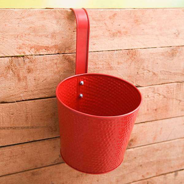 Buy 7 inch (18 cm) Dot Embossed Railing Round Metal Planter (Red) (set ...